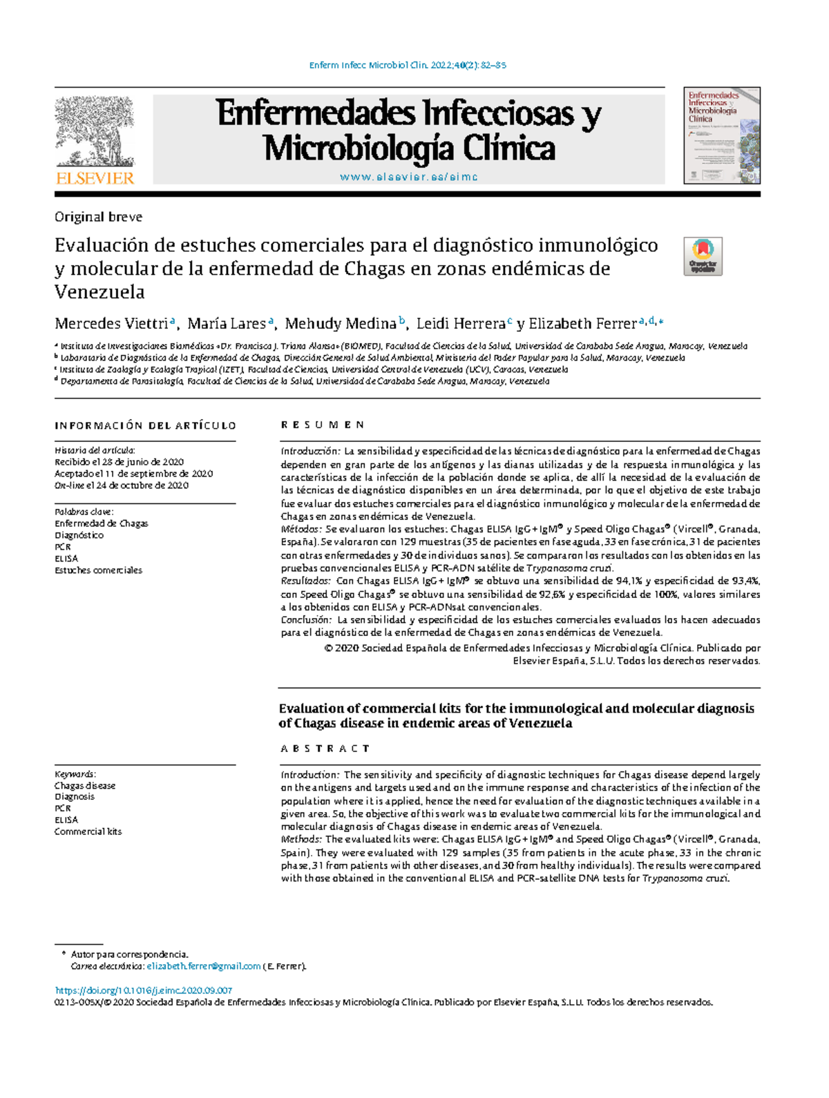 Chagas en venezuela 2020 - Enferm Infecc Microbiol Clin. 2022;40(2):82 ...