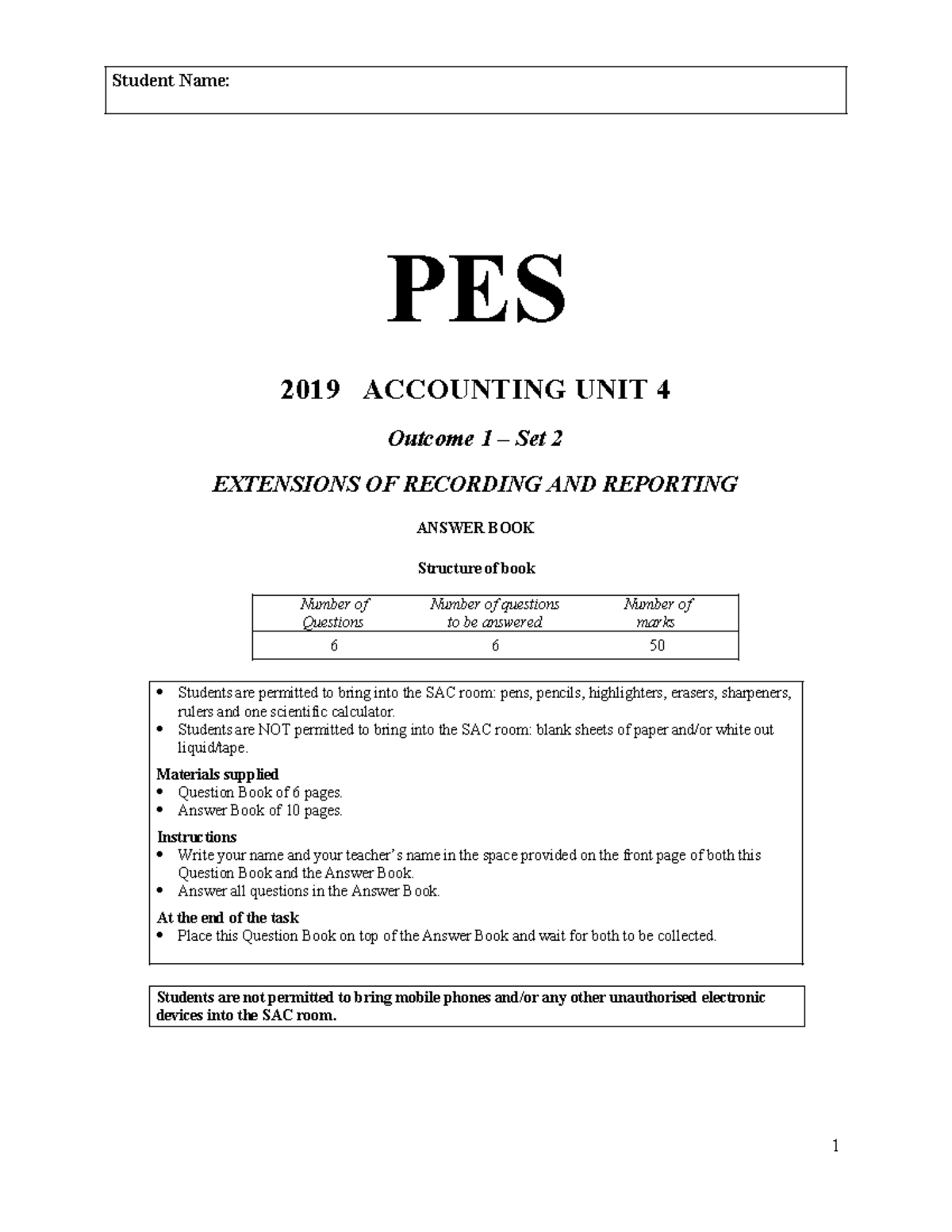 2019 Accounting Unit 4 Outcome 1 Set 2 Answer Book Final - Student Name ...