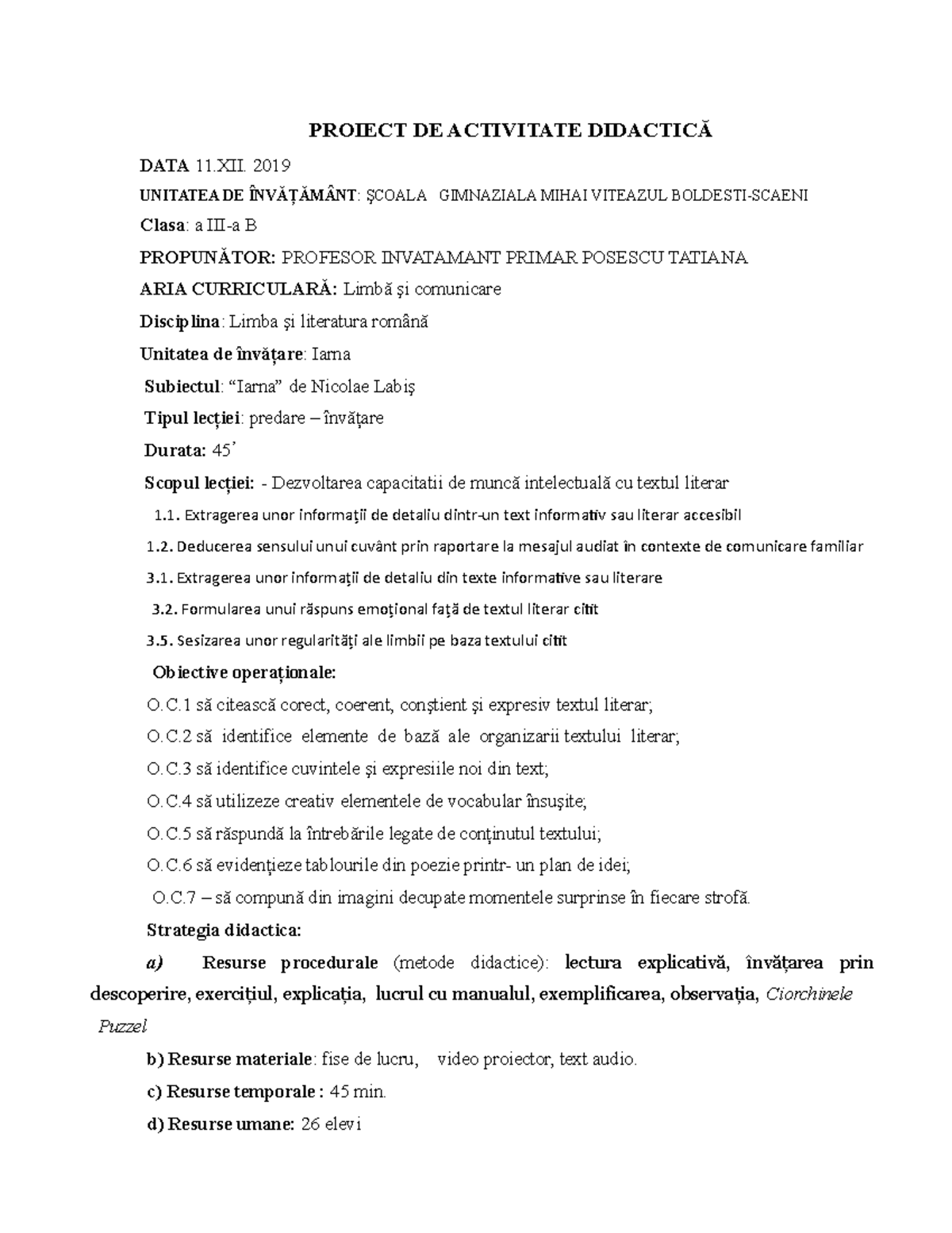 Proiect lb romana doc - Foarte bun - PROIECT DE ACTIVITATE DIDACTICĂ ...