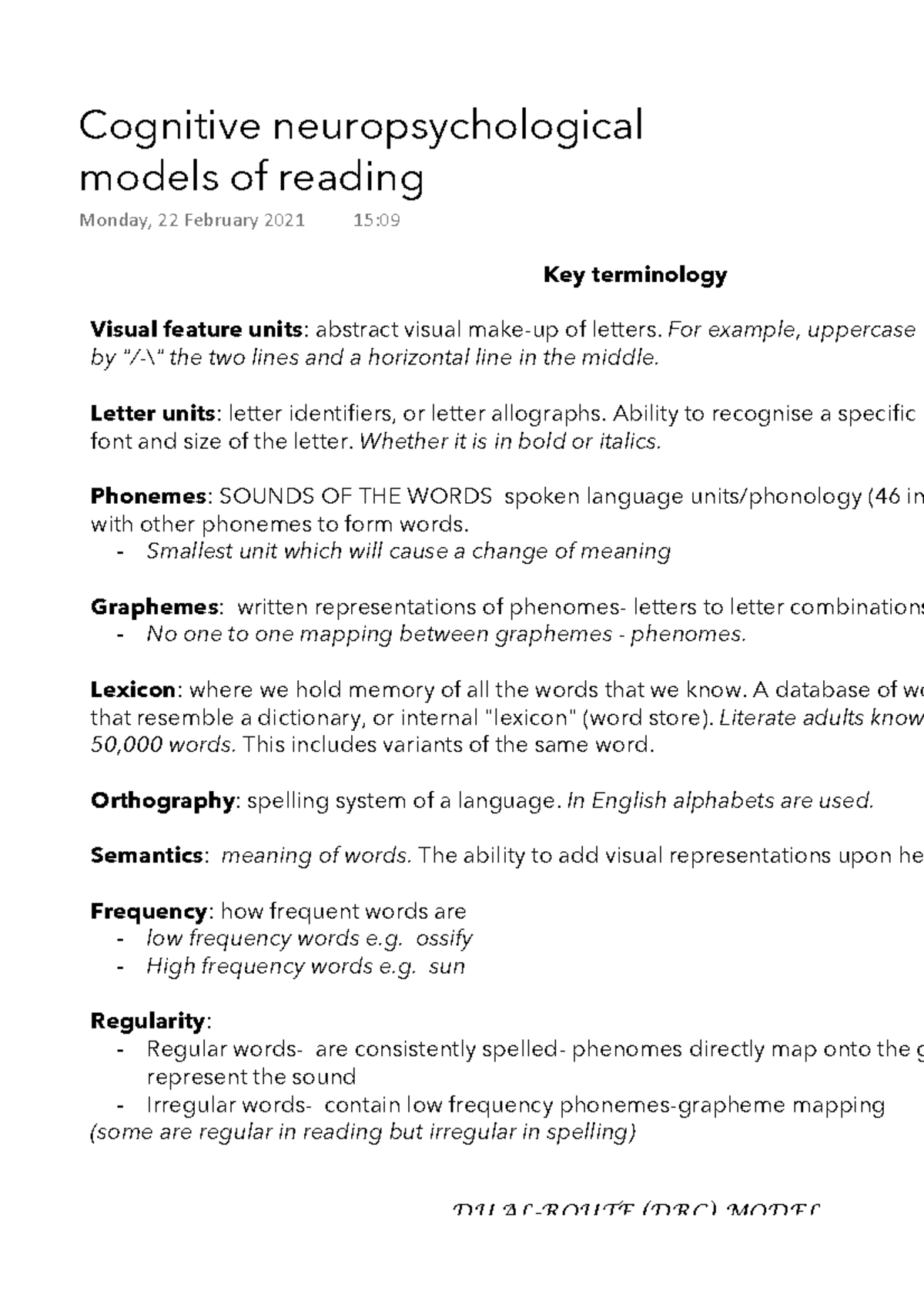 Cognitive neuropsychological models of reading - Key terminology Visual ...