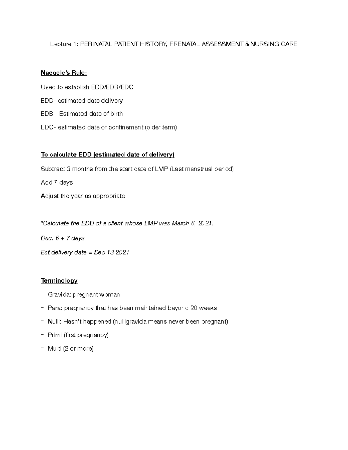 OBMaternity Lecture 1 PDF - Lecture 1: PERINATAL PATIENT HISTORY ...