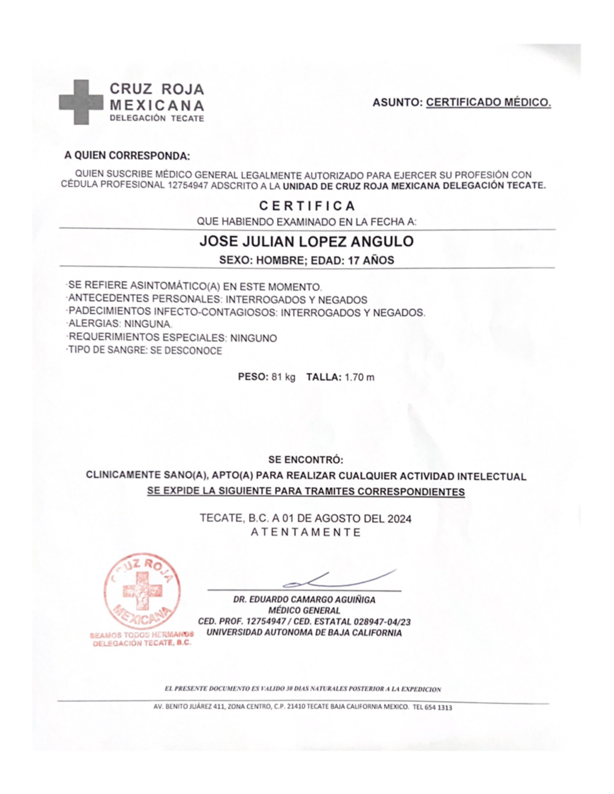 CRUZ ROJA - actuaklizado - CRUZ ROJA MEXICANA ASUNTO: CERTIFICADO MÉDICO. DELEGACIÓN TECATE A ...