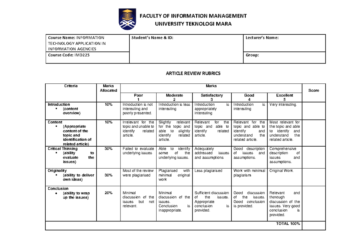 Rubric Article Review - IMD225 - FACULTY OF INFORMATION MANAGEMENT ...