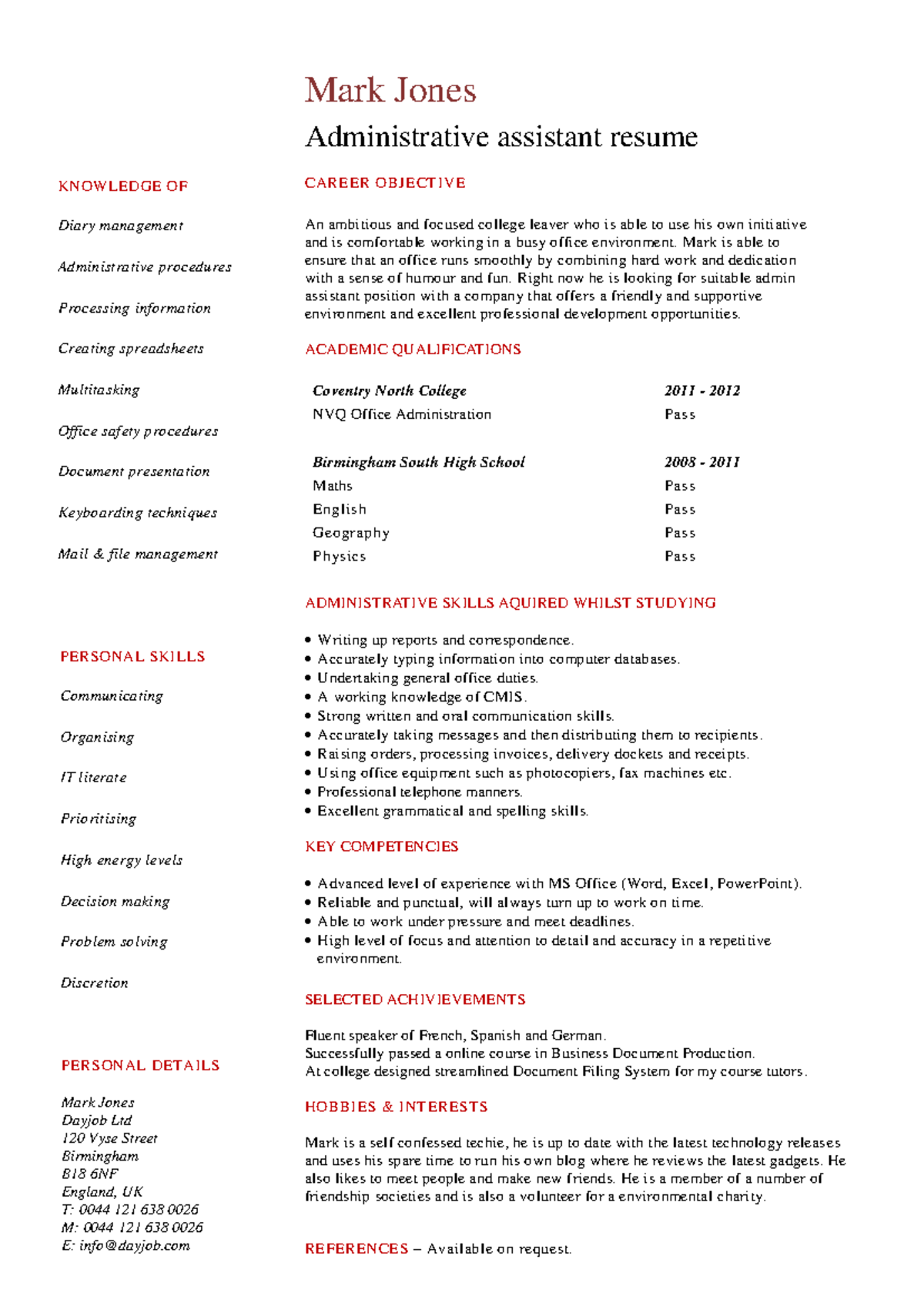 Student resume template 2 - KNOWLEDGE OF Diary management ...