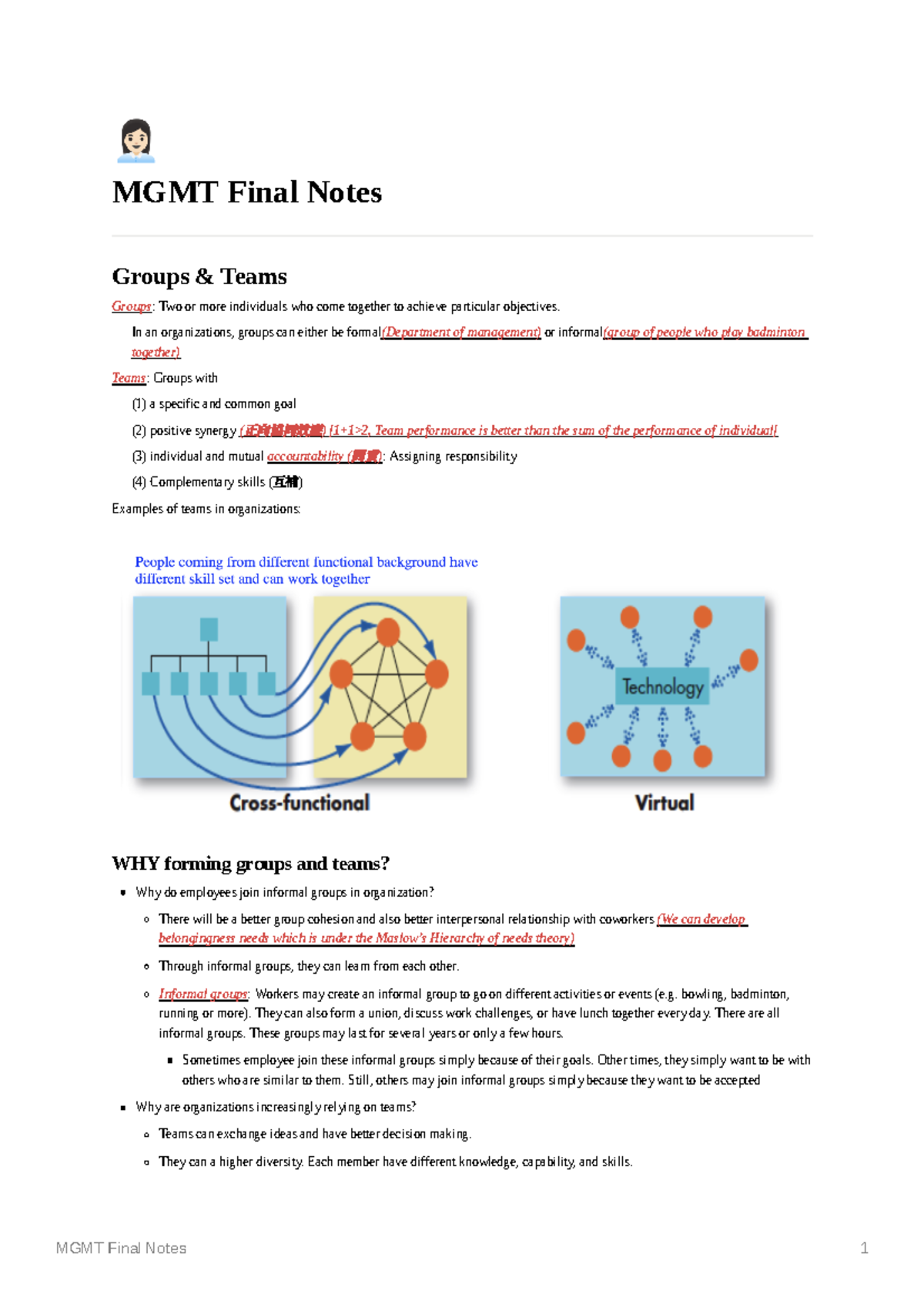 MGMT Final Notes - MGMT Final Notes Groups & Teams Groups: Two or more ...