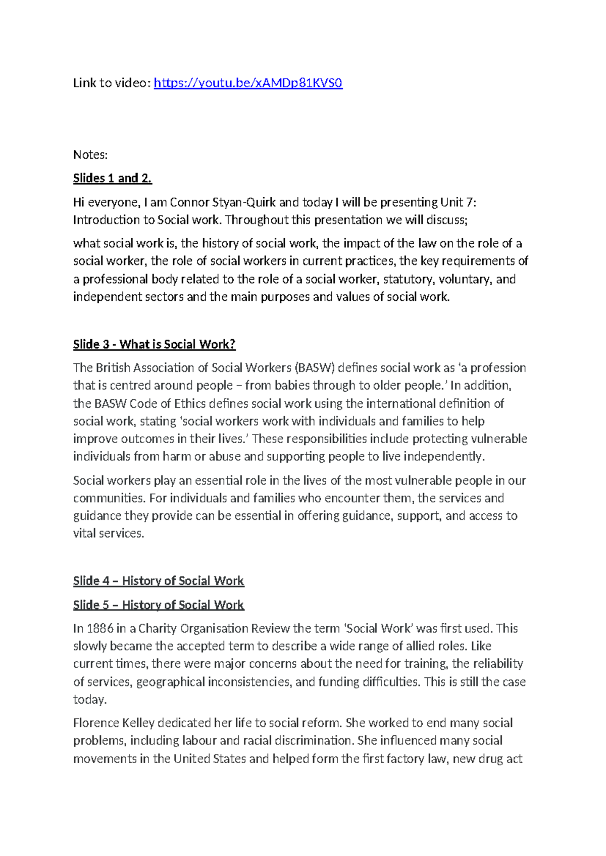 Unit 7 - Presentation Notes - Link to video: youtu/xAMDp81KVS Notes ...