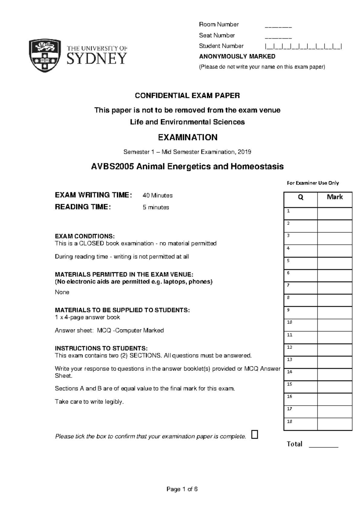 Animal Energeticsand Homeostasis Mid Semester examination 2019 Final ...