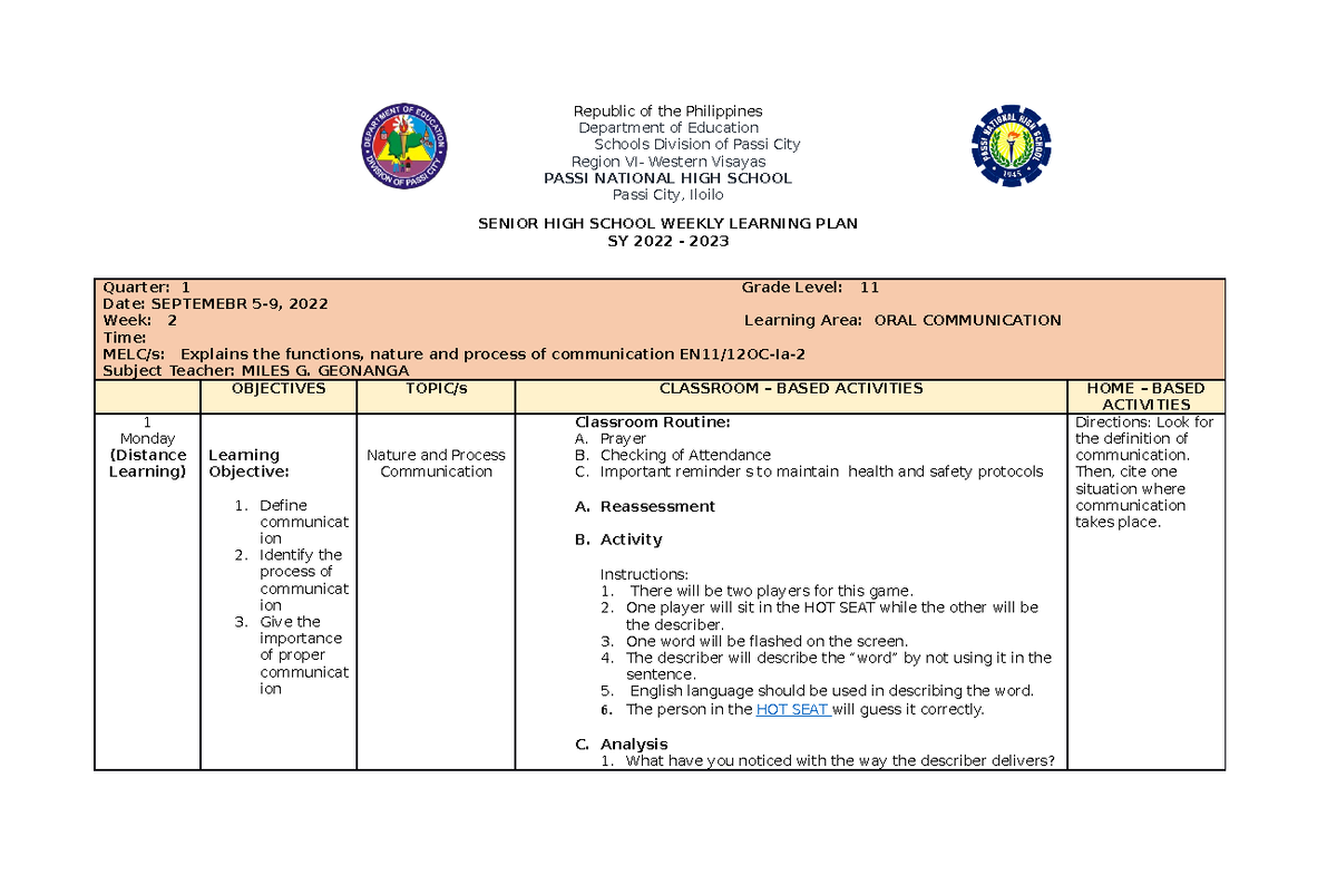 WLP F2F ORAL COM Q1W1 - Learning materials for oral communication subject. - Republic of the ...