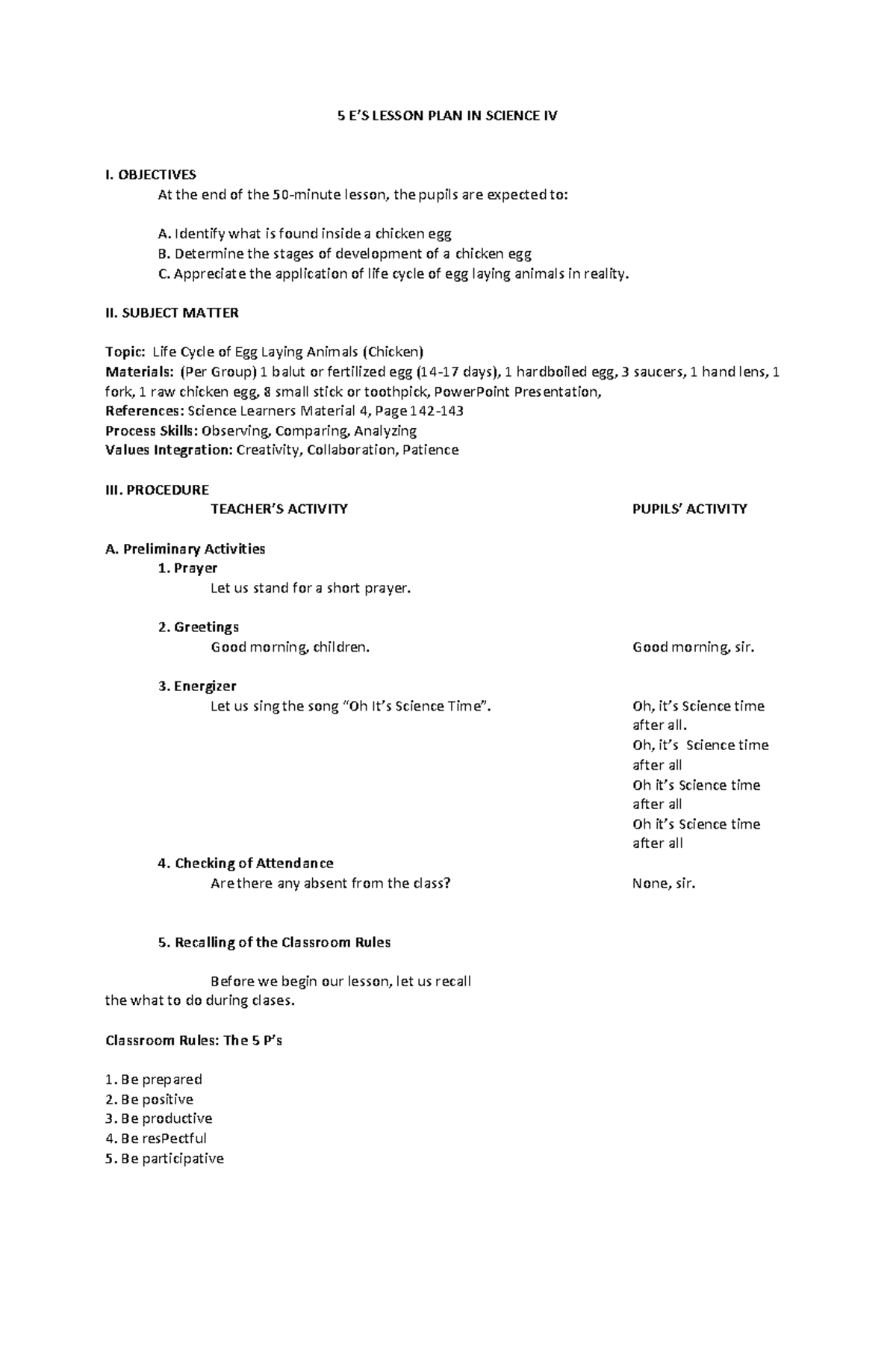5 E S Lesson PLAN IN Science 3 Detailed 5 E S LESSON PLAN IN 