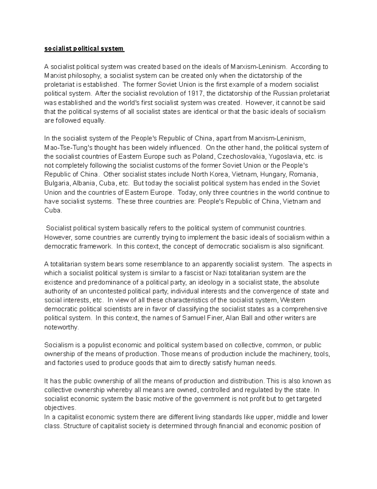 Socialist political system - According to Marxist philosophy, a ...