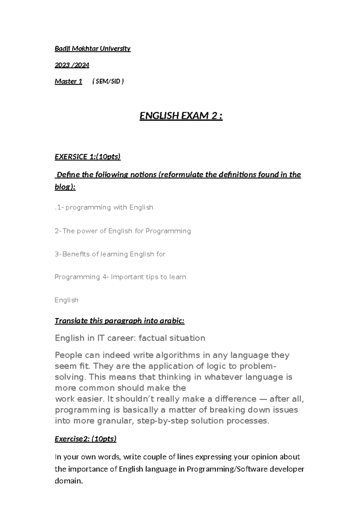 Exam master 1 SEM SID - non - Badji Mokhtar University 2023 / Master 1 ...