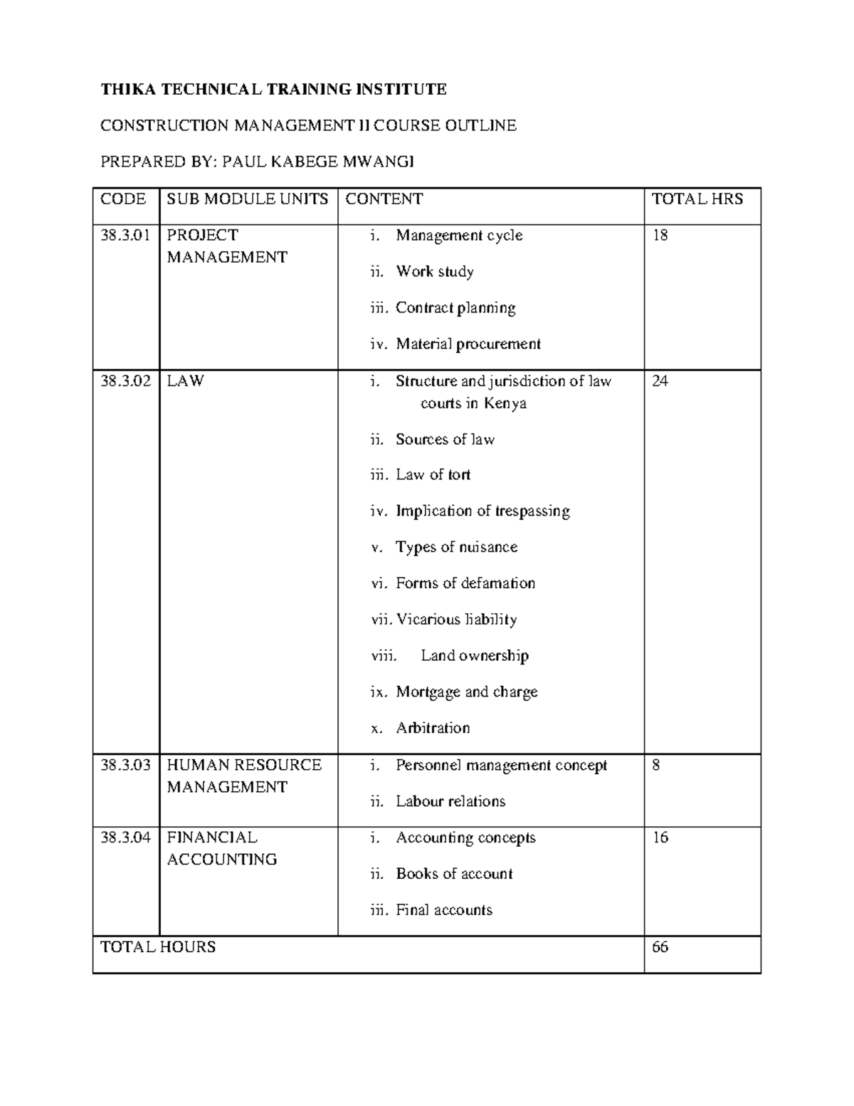 Conman II Course Outline - THIKA TECHNICAL TRAINING INSTITUTE ...