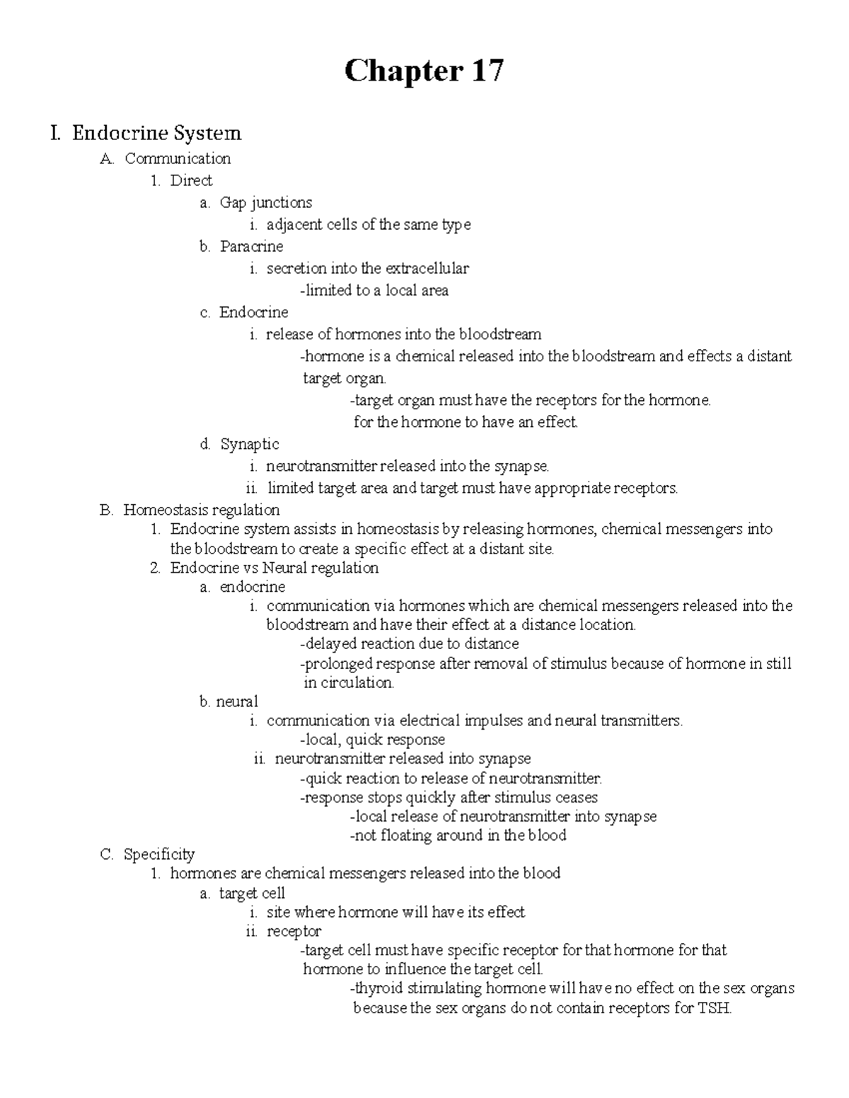 BIO232 Exam 1 study notes - Chapter 17 I. Endocrine System A ...
