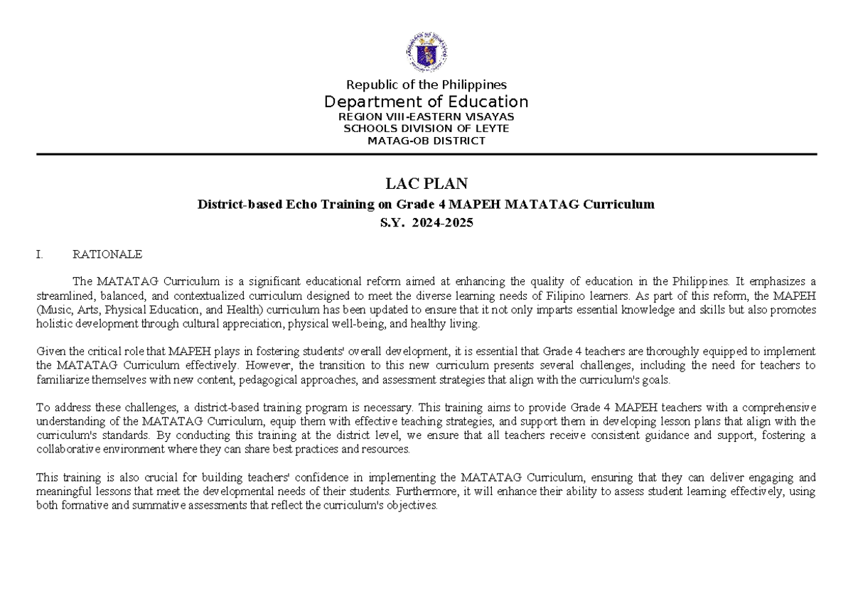 LAC Plan-District based Tarining- Mapeh Matatag - Department of ...