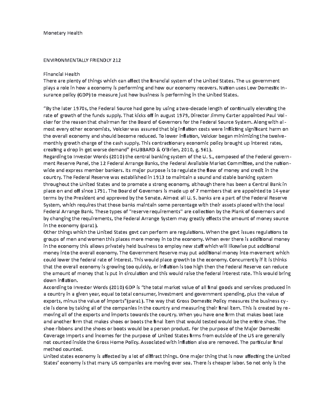 ECO 212 Economic Health Paper 1 - Monetary Health ENVIRONMENTALLY ...