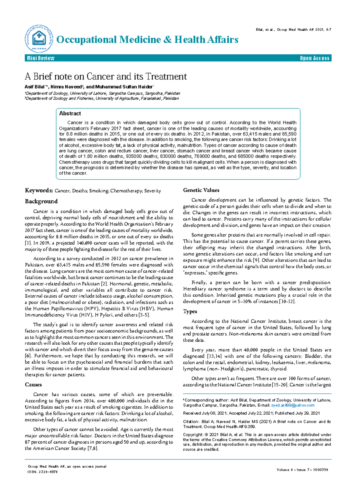 A brief note on Cancer and its Treatment - Volume 9 • Issue 7 • 1000359 ...