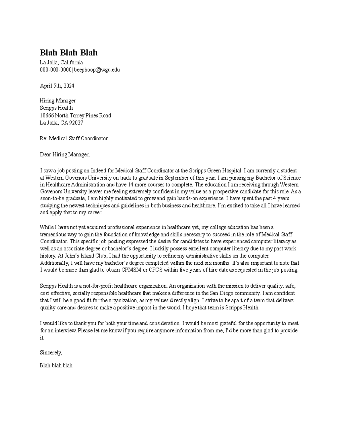 Mock Cover Letter C716 - Blah Blah Blah La Jolla, California 000-000 ...