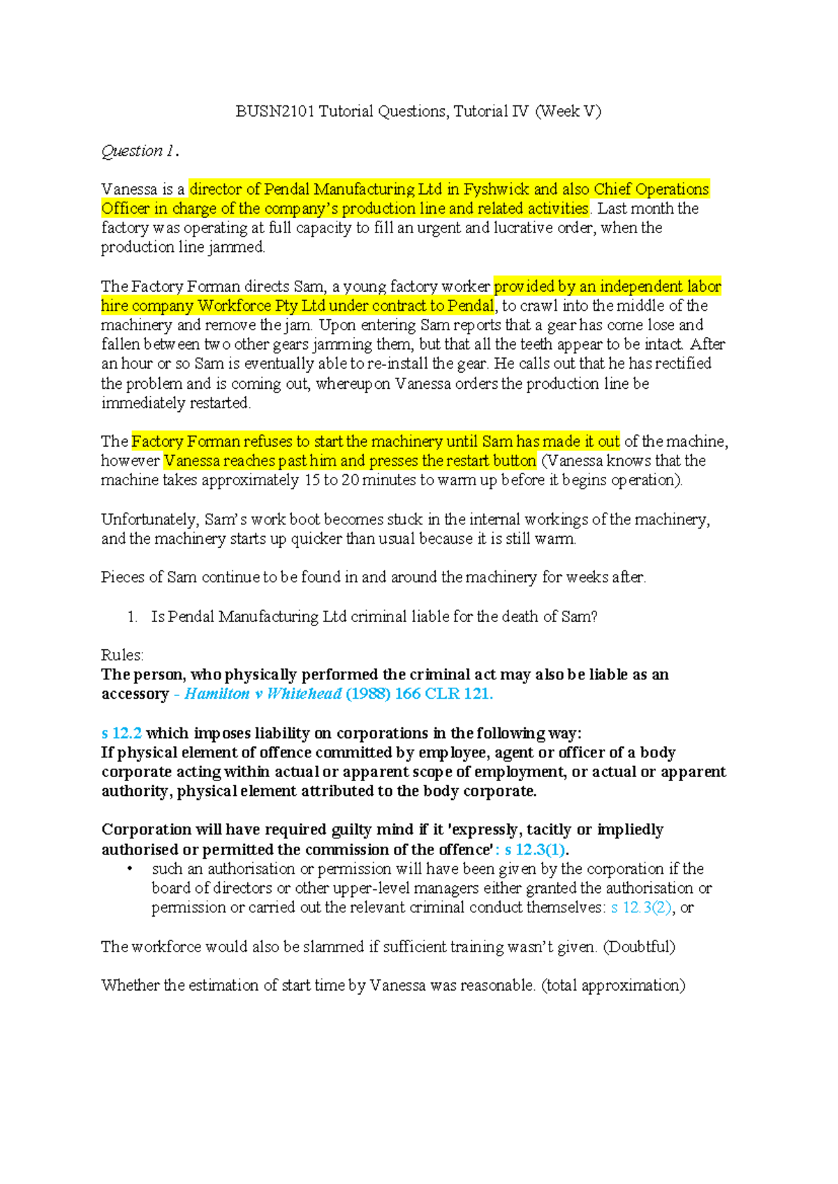 Tutorial IV Questions (Week V SC) - BUSN2101 Tutorial Questions ...