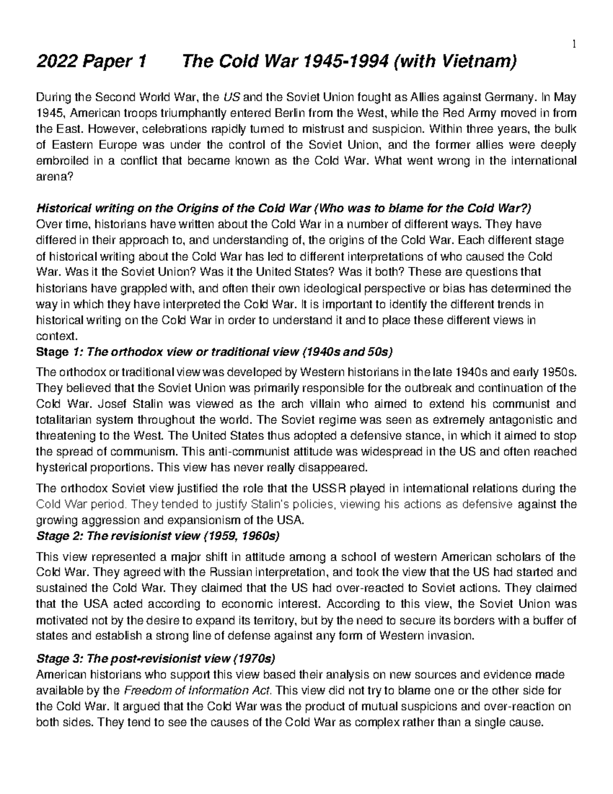 1. Cold War with Vietnam - 2022 Paper 1 The Cold War 1945 - 1994 (with ...