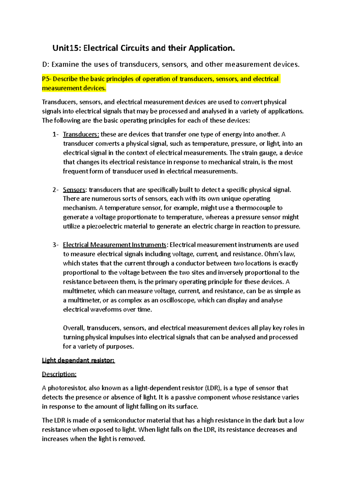 Unit15 Section D - Unit15: Electrical Circuits and their Application. D ...