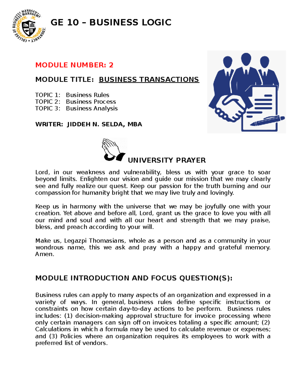 Module (CBMA-GE 10 #2- Selda) - MODULE NUMBER: 2 MODULE TITLE: BUSINESS ...