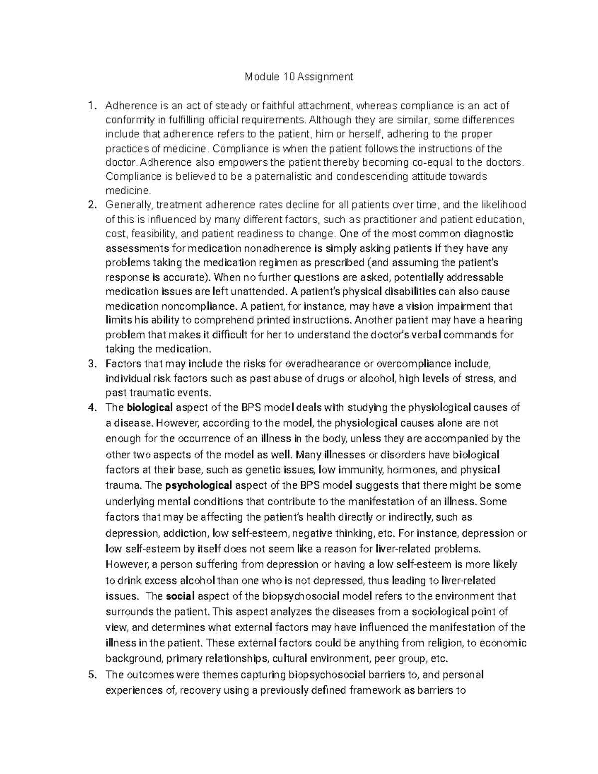 Module 10 Assignment - Module 10 Assignment Adherence is an act of ...