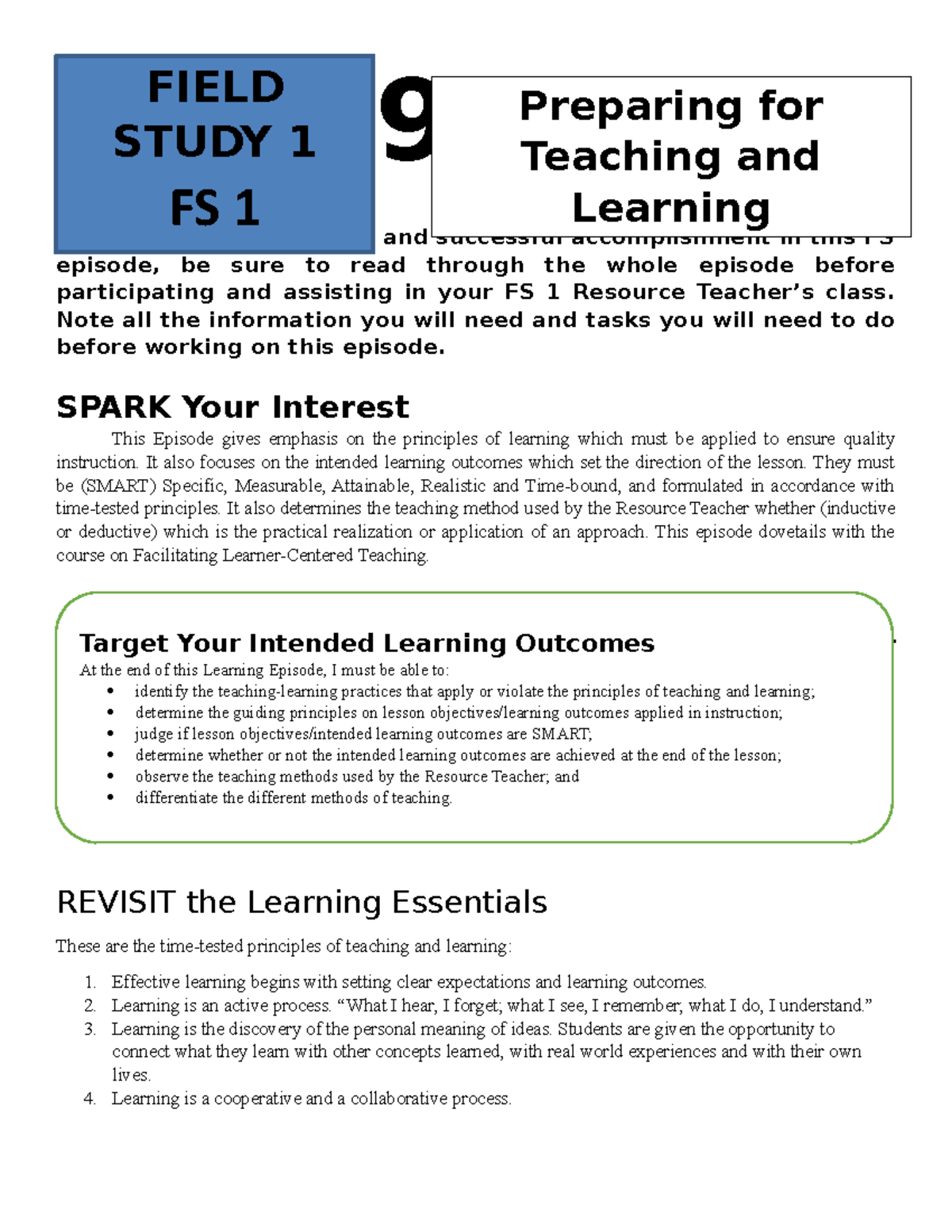 FS1 Learning Episode 9 - used in field study letures, very helpful for ...