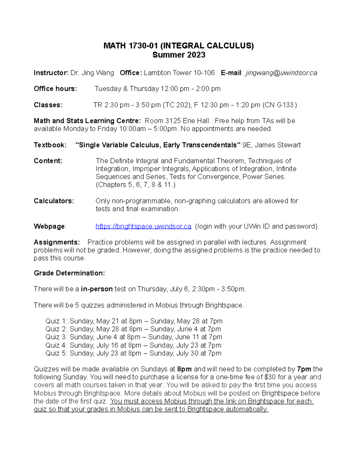 MATH 1730-01Outline(Summer 2023) - MATH 1730-01 (INTEGRAL CALCULUS) Summer 2023 Instructor: Dr ...