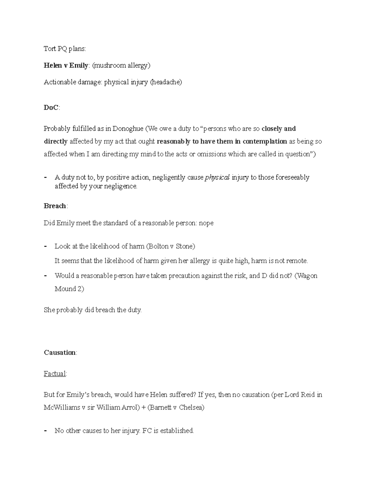Tort PQ plans - revision plan - Tort PQ plans: Helen v Emily: (mushroom ...