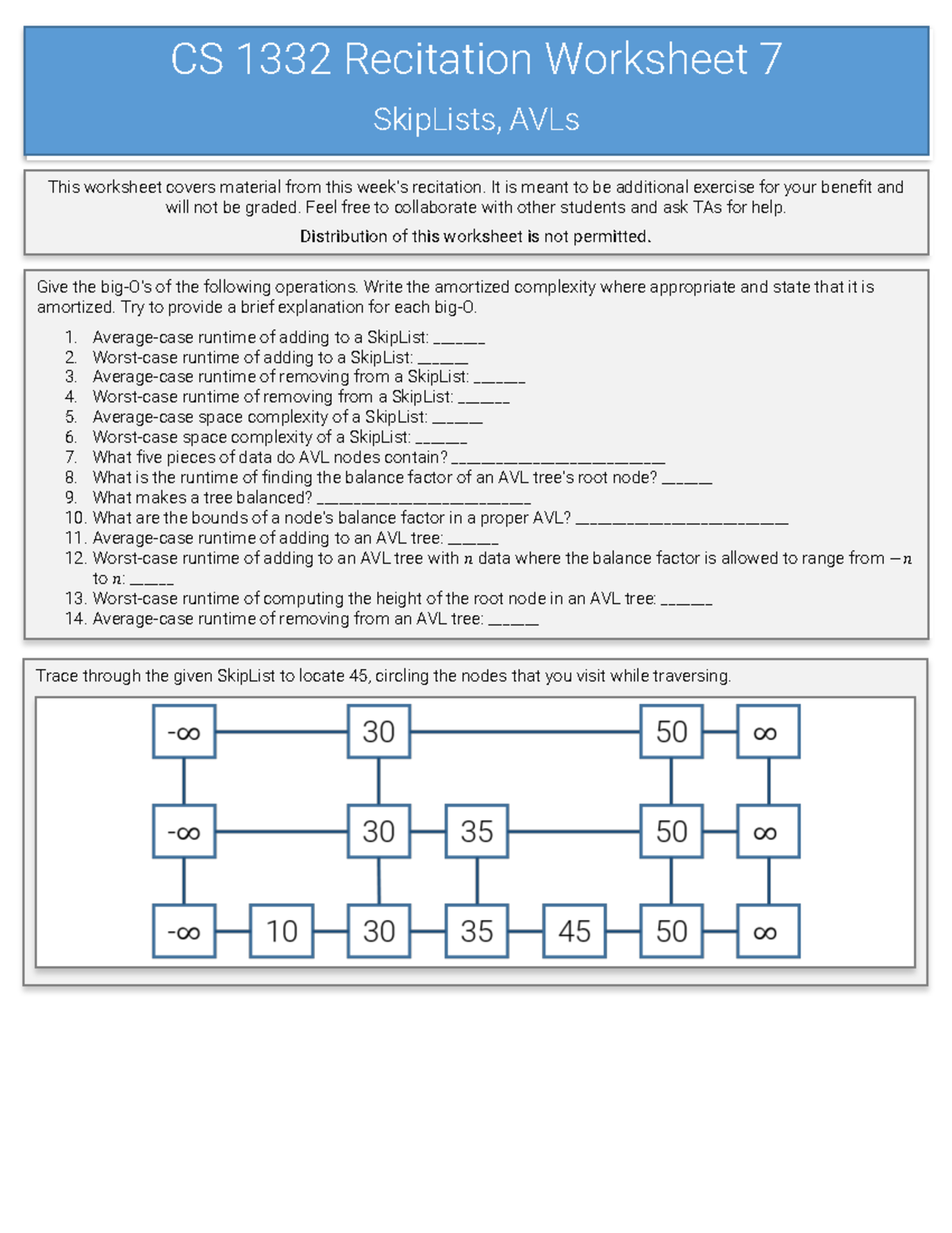 Worksheet 07 Cs 1332 Recitation Worksheet 7 Skiplists Avls This