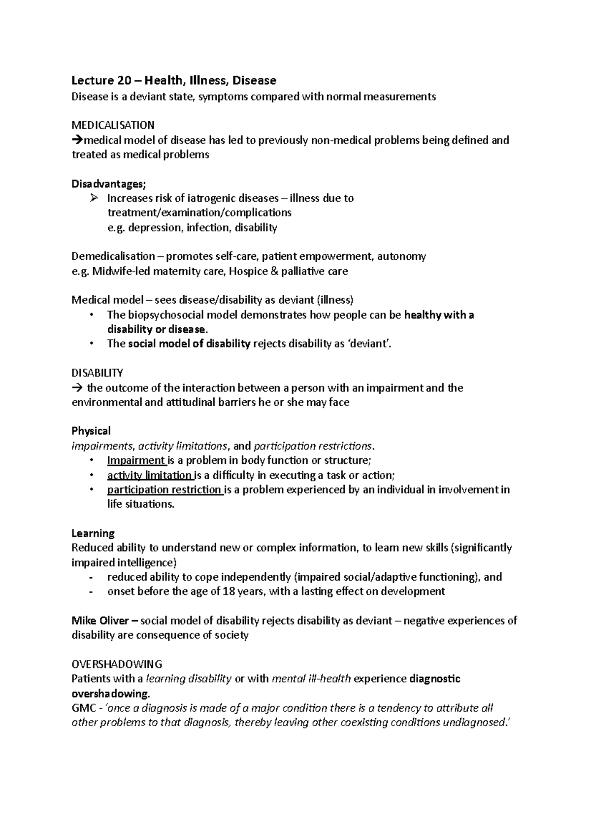 Lecture 20 - health disease and illness - Lecture 20 – Health, Illness ...