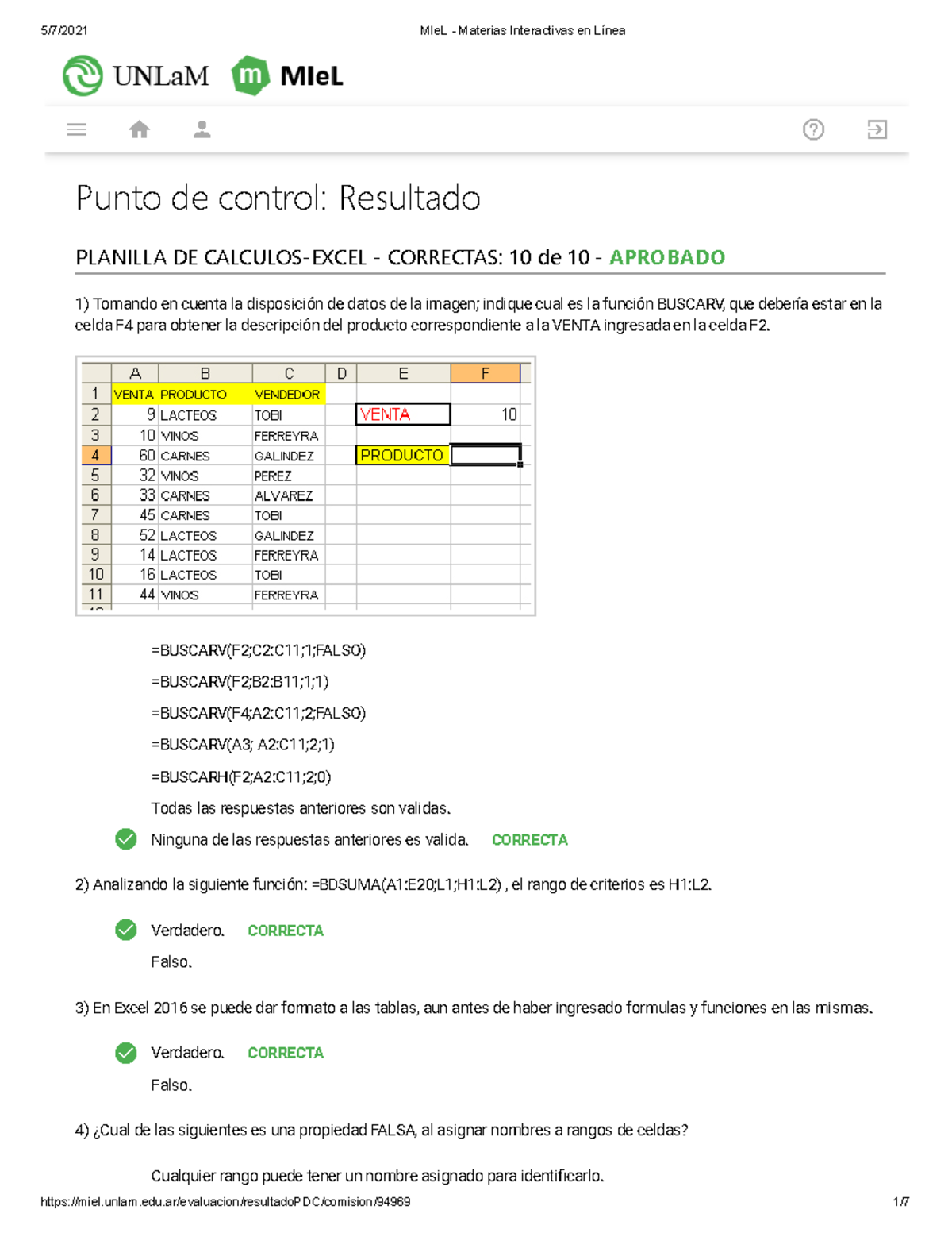 Autoevaluacion compu 2 - Punto de control: Resultado PLANILLA DE CALCULOS-EXCEL - CORRECTAS: 10 ...