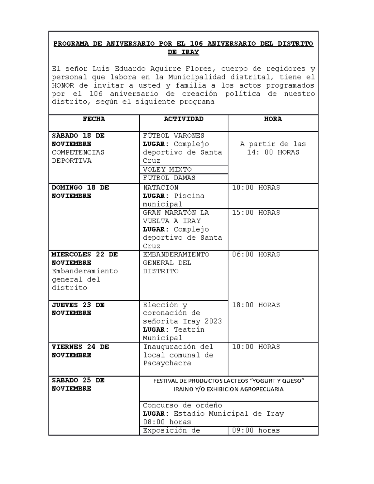 Cronograma DE Actividades - PROGRAMA DE ANIVERSARIO POR EL 106 ...