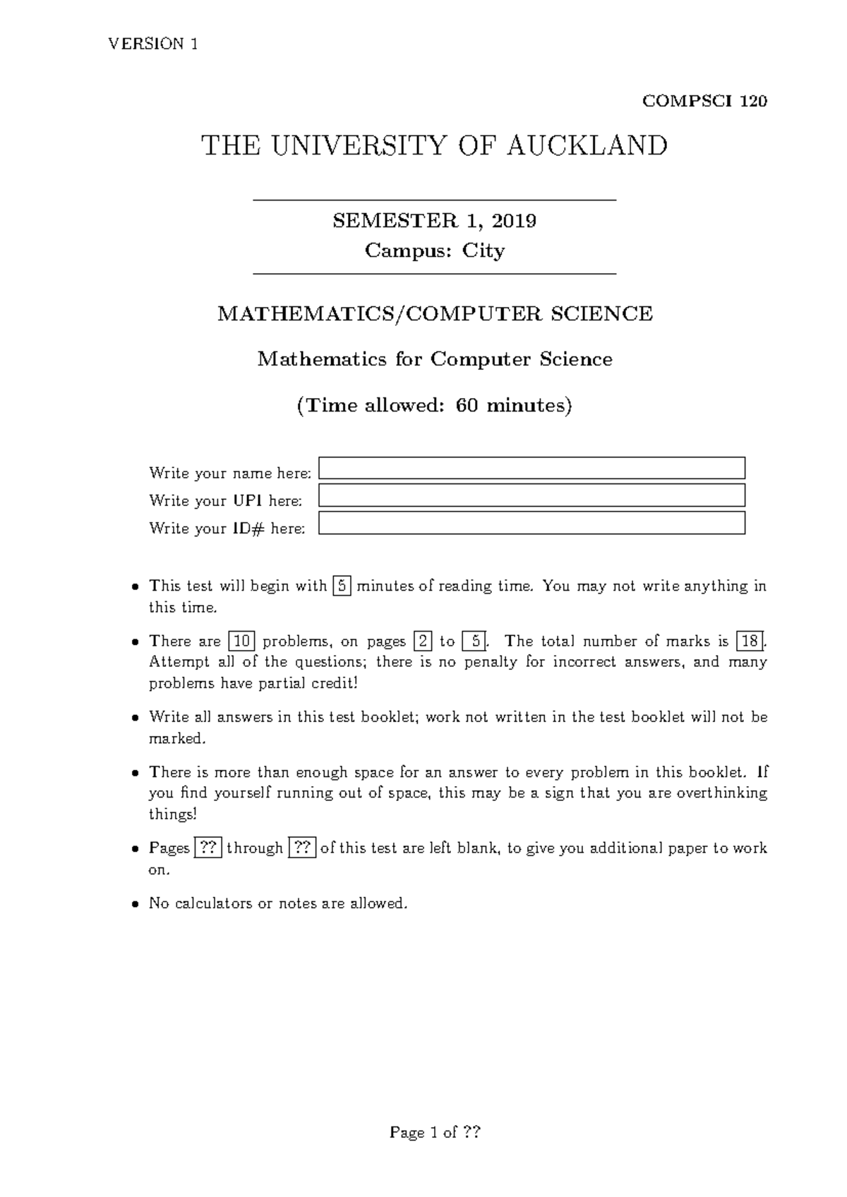 Cs120 s1 2019 mid sem test version 1 with solutions - COMPSCI 120 THE ...