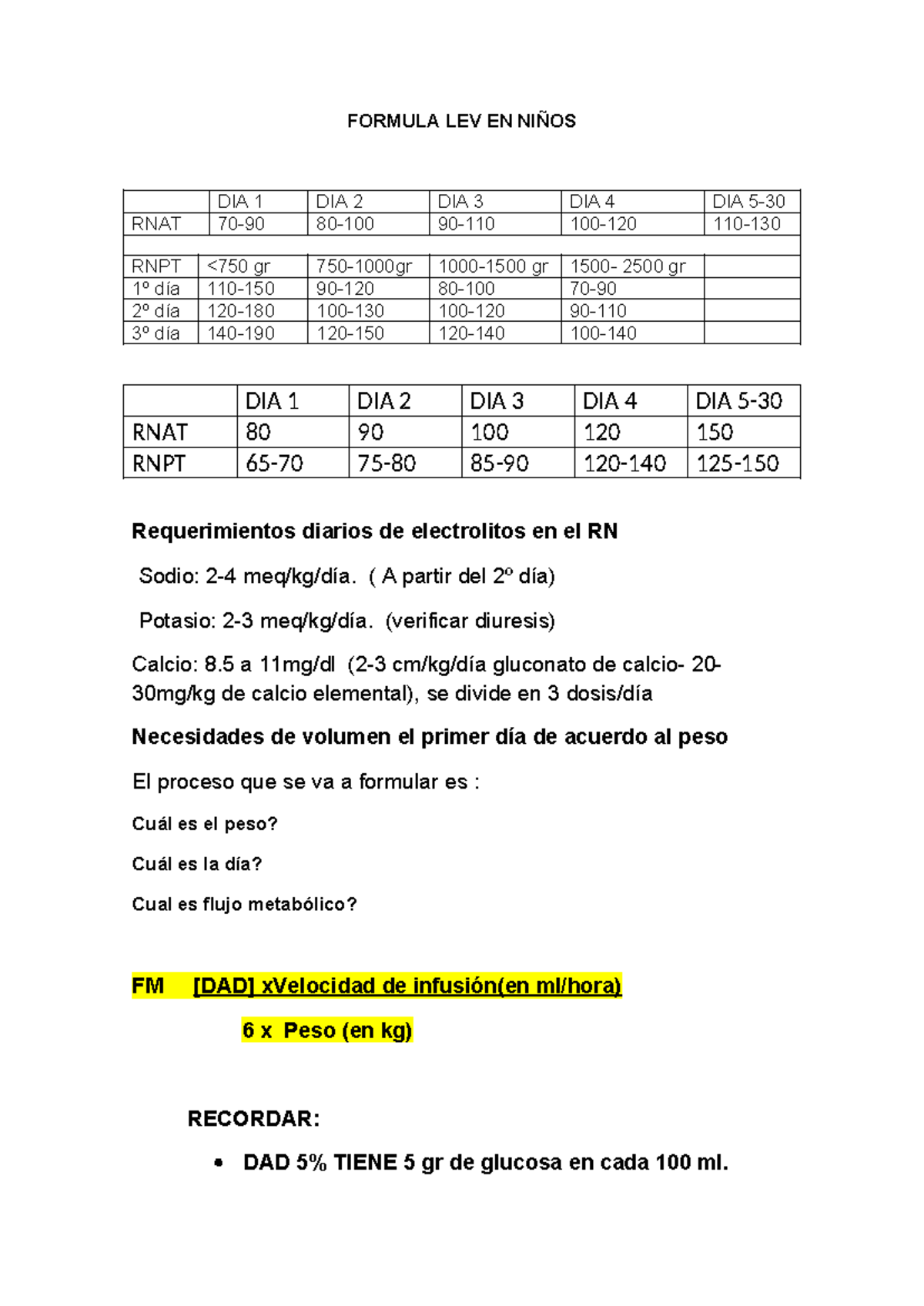 Formula DE LEV EN Niños - Ejercicios - FORMULA LEV EN NIÑOS DIA 1 DIA 2 DIA 3 DIA 4 DIA 5- RNAT ...