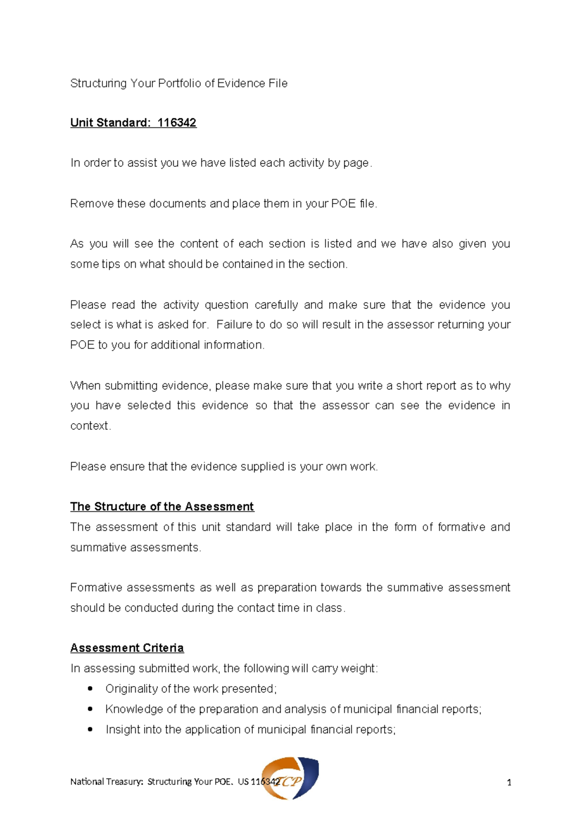 Porfolio of Evidence Guide US 116342 Revised rr - Structuring Your ...