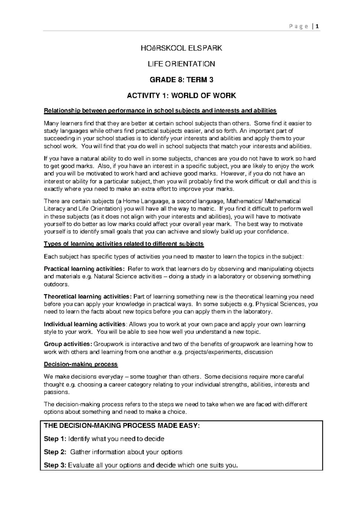 Grade 8 LO 17 Aug 2020 Term 3 Activity 1 - P a g e | 1 HOëRSKOOL ...