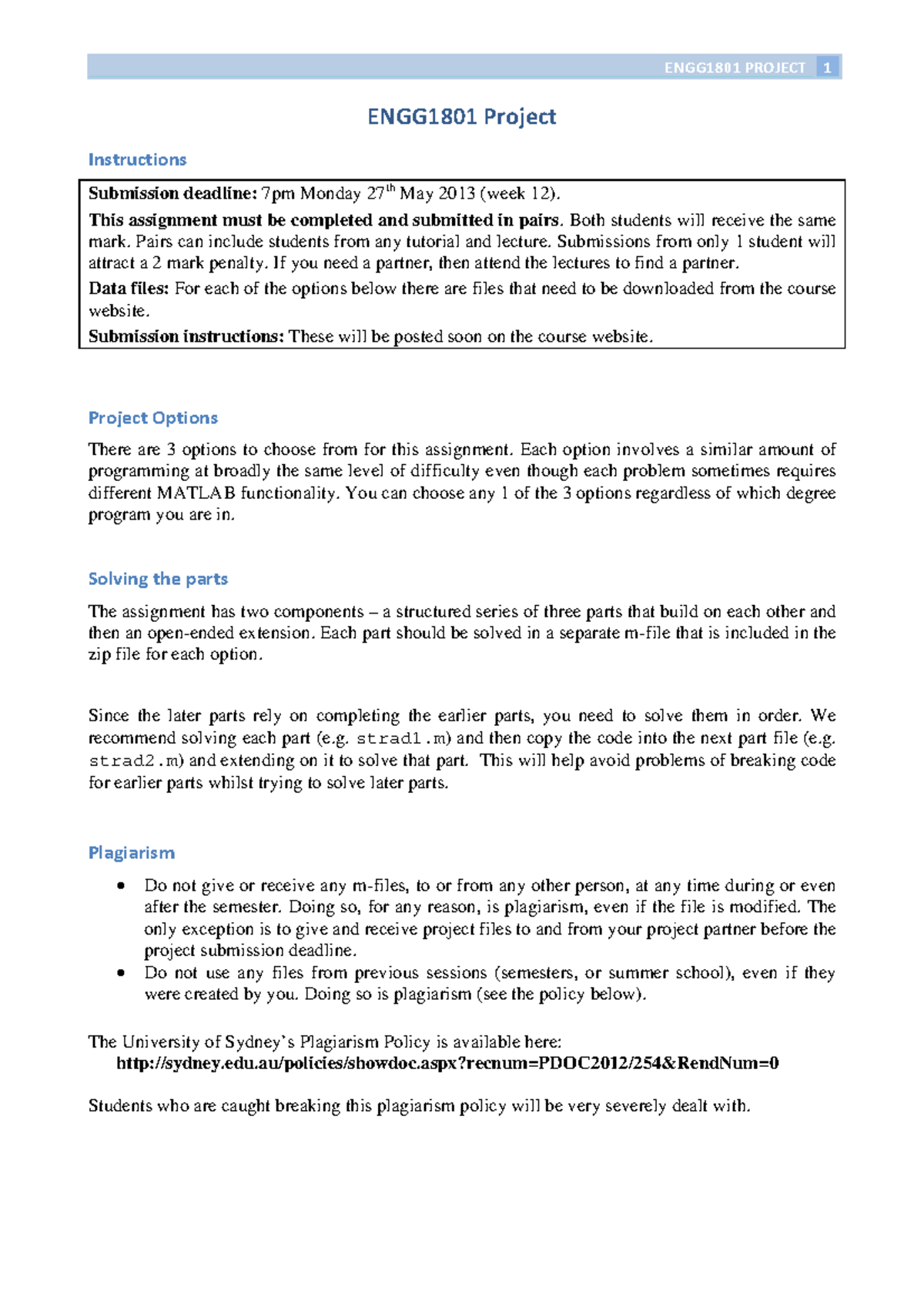 Seminar assignments - major assignment outline - ENGG1801 PROJECT 1 ...