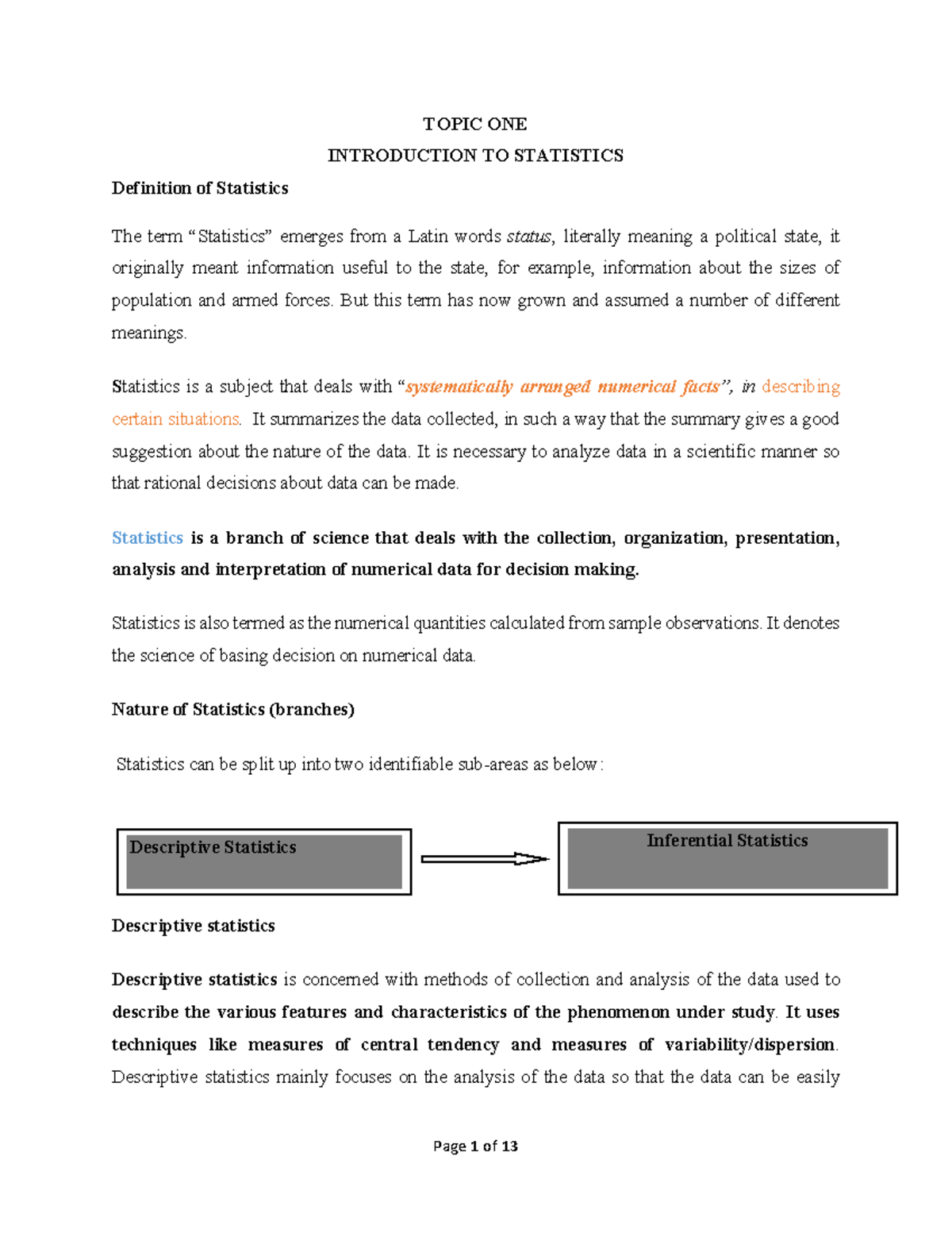 Business Statistics topic 1 - TOPIC ONE INTRODUCTION TO STATISTICS ...