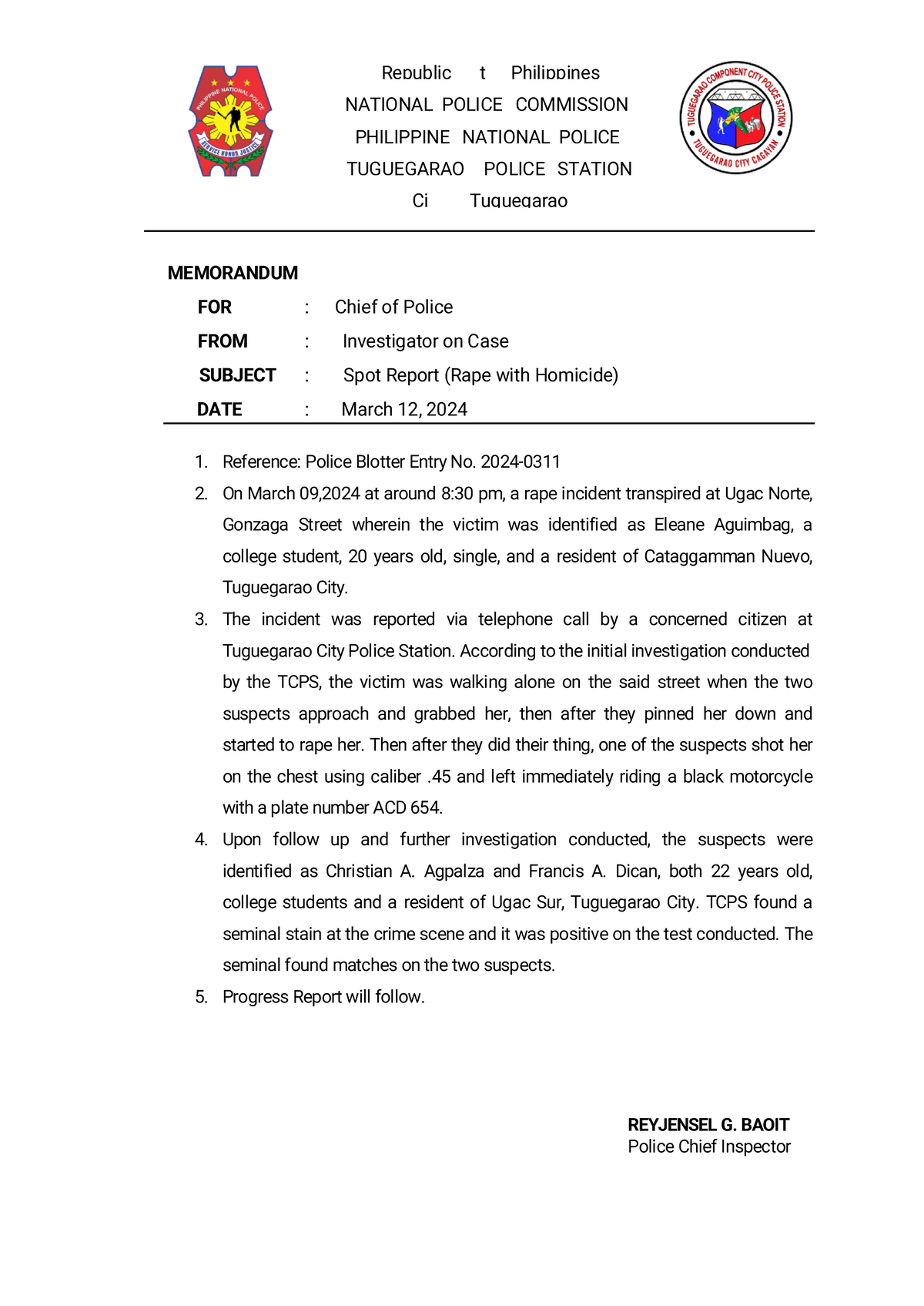 Spot-report-chemistry - MEMORANDUM FOR : Chief of Police FROM ...