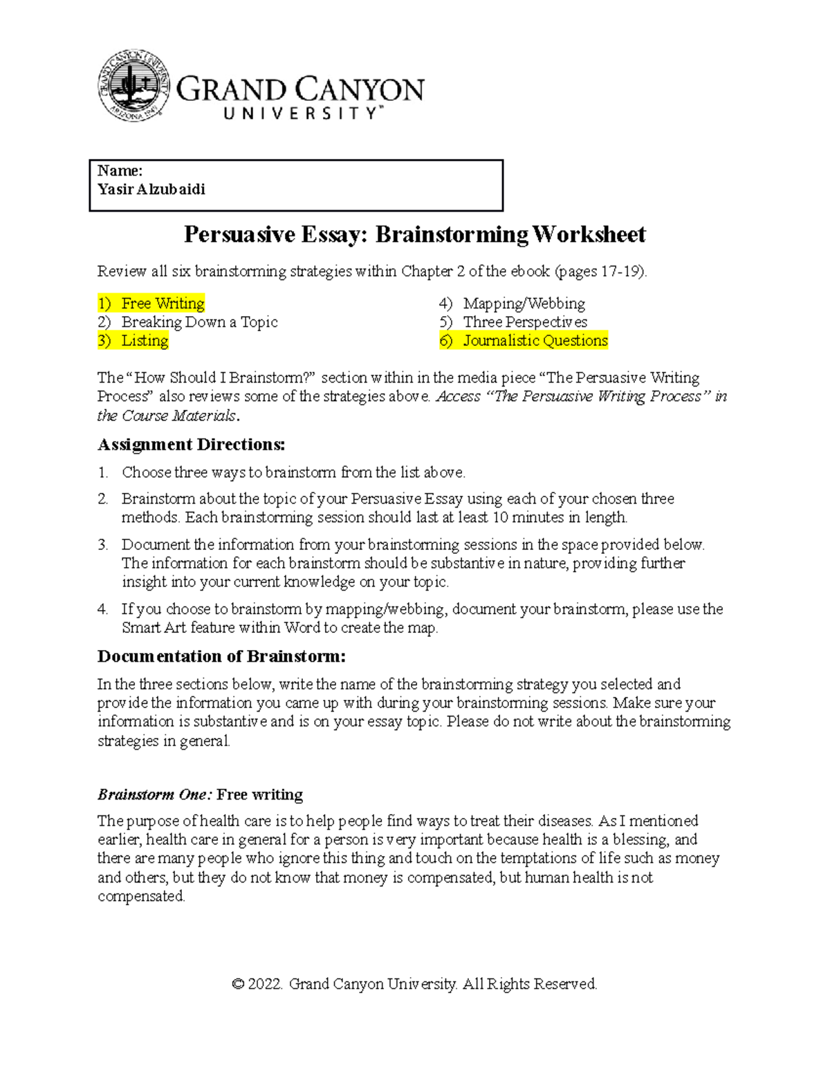 Persuasive Essay Brainstorming Worksheet - Name: Yasir Alzubaidi ...