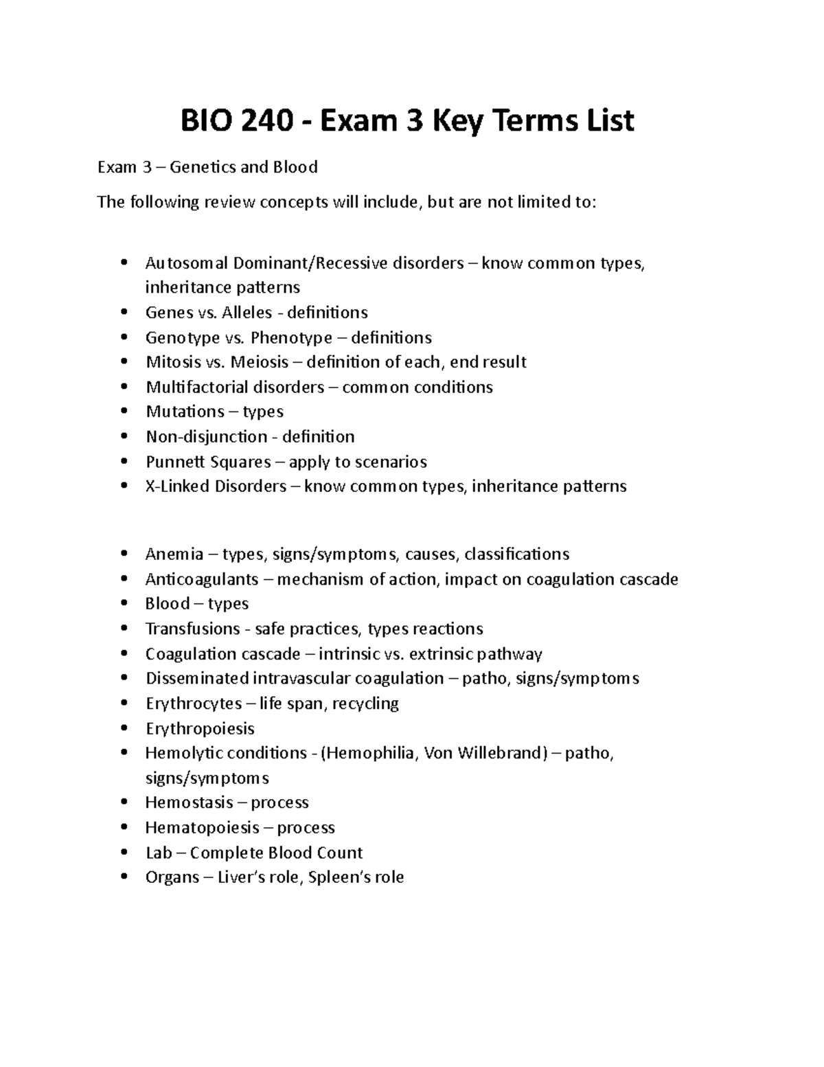 Bio 240 Exam 3 Key Terms List rev 10 - BIO 240 - Exam 3 Key Terms List ...
