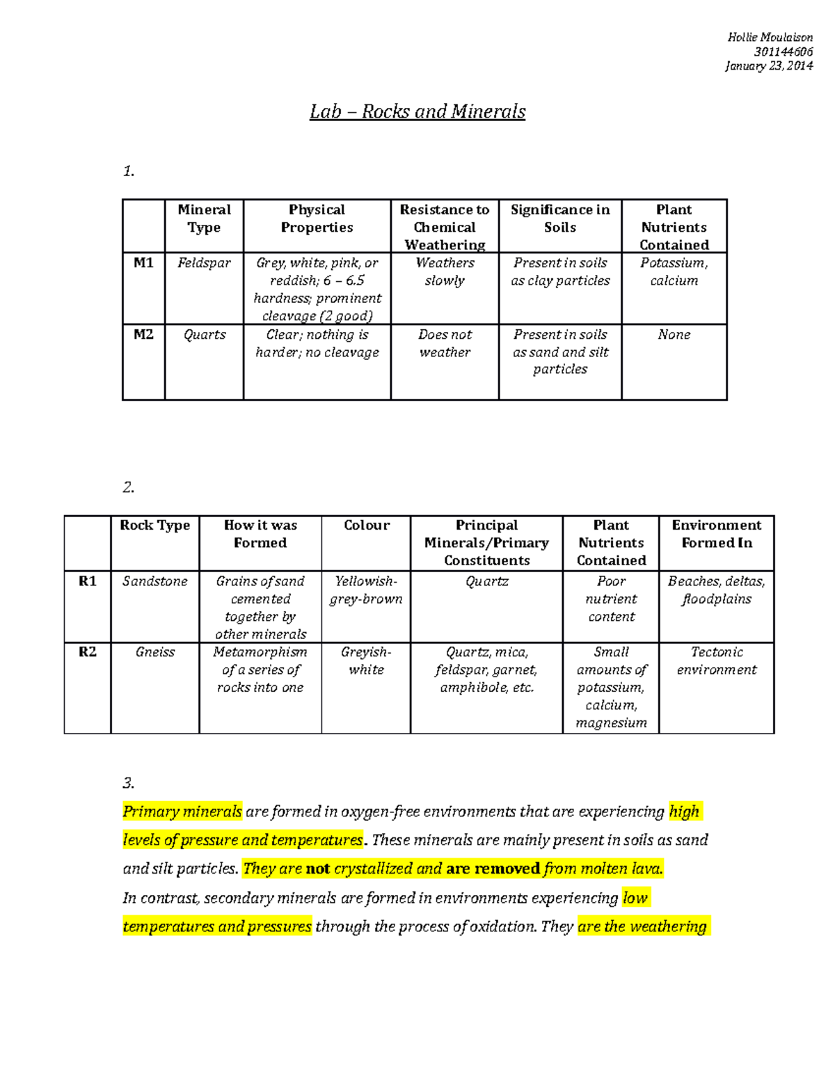 Seminar assignments - lab 1 - rocks and minerals - Lab – Rocks and ...