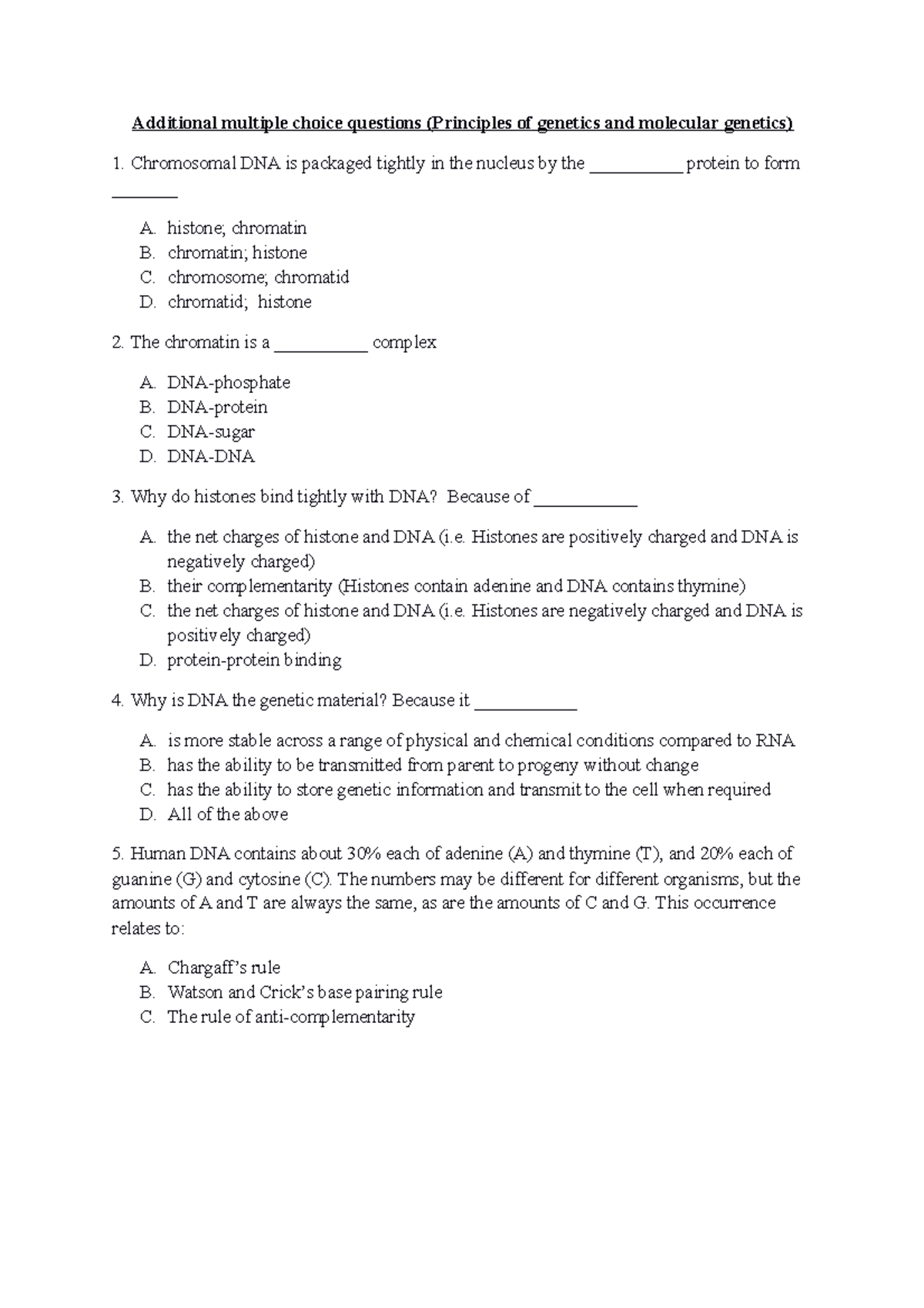 Principles of genetics and molecular genetics - Additional multiple ...