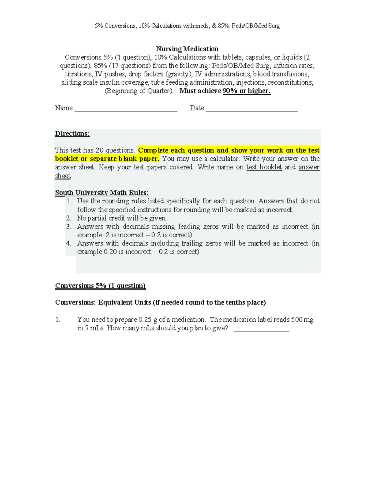Dose Calc Review 2 - Math Practice - Nursing Medication Conversions 5% ...