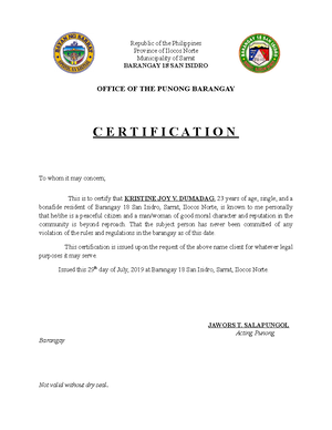 Certification-no cutting trees issue DPWH - Republic of the Philippines ...