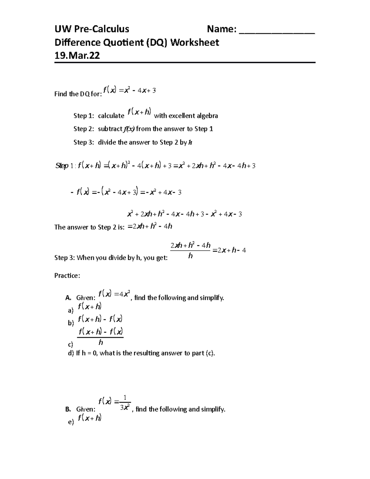 UWPC Chap 5 Difference Quotient DQ Worksheet UW Pre Calculus Name uwpc-chap-5-difference-quotient-dq-worksheet-uw-pre-calculus-name