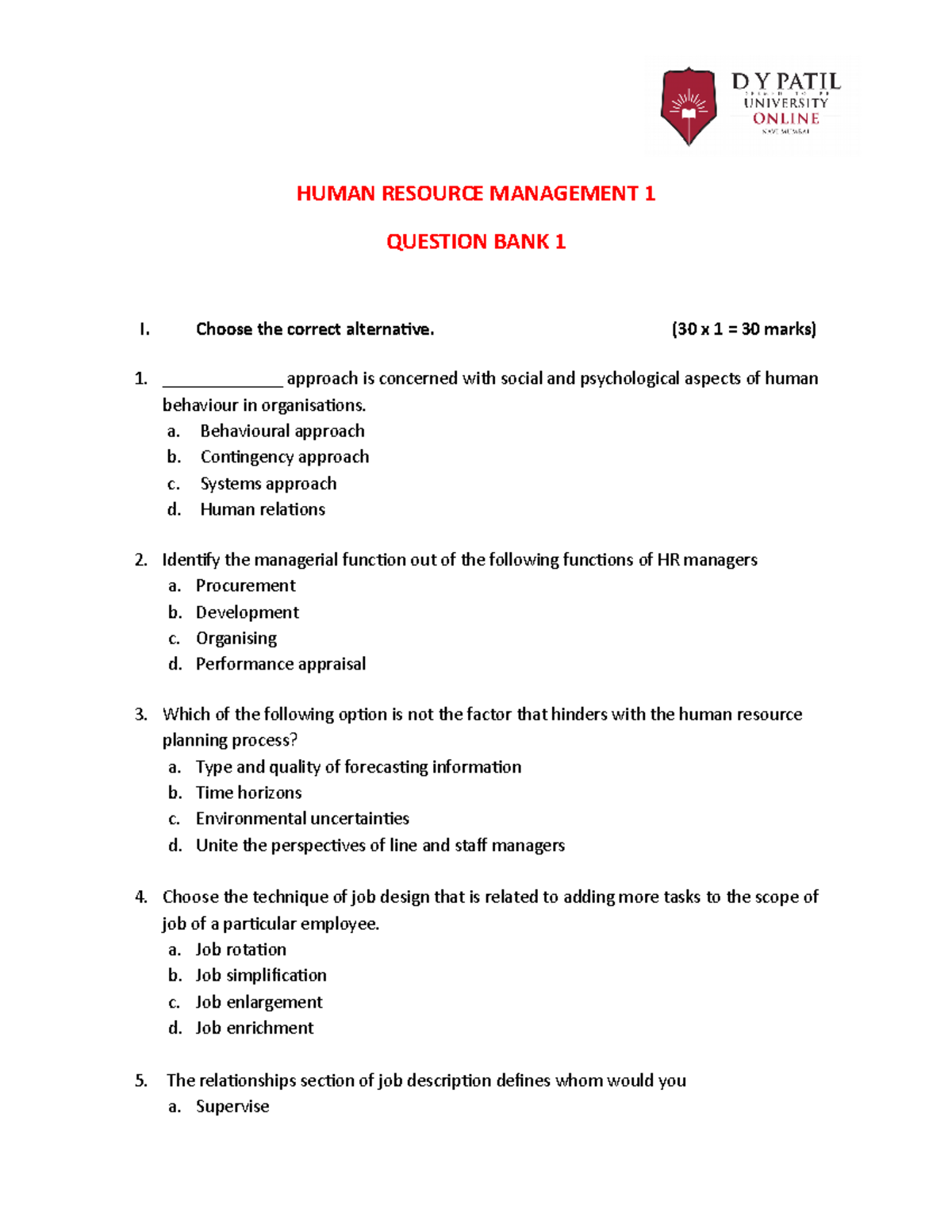 Question Bank 1 HRM1 - HUMAN RESOURCE MANAGEMENT 1 QUESTION BANK 1 I. Choose the correct - Studocu