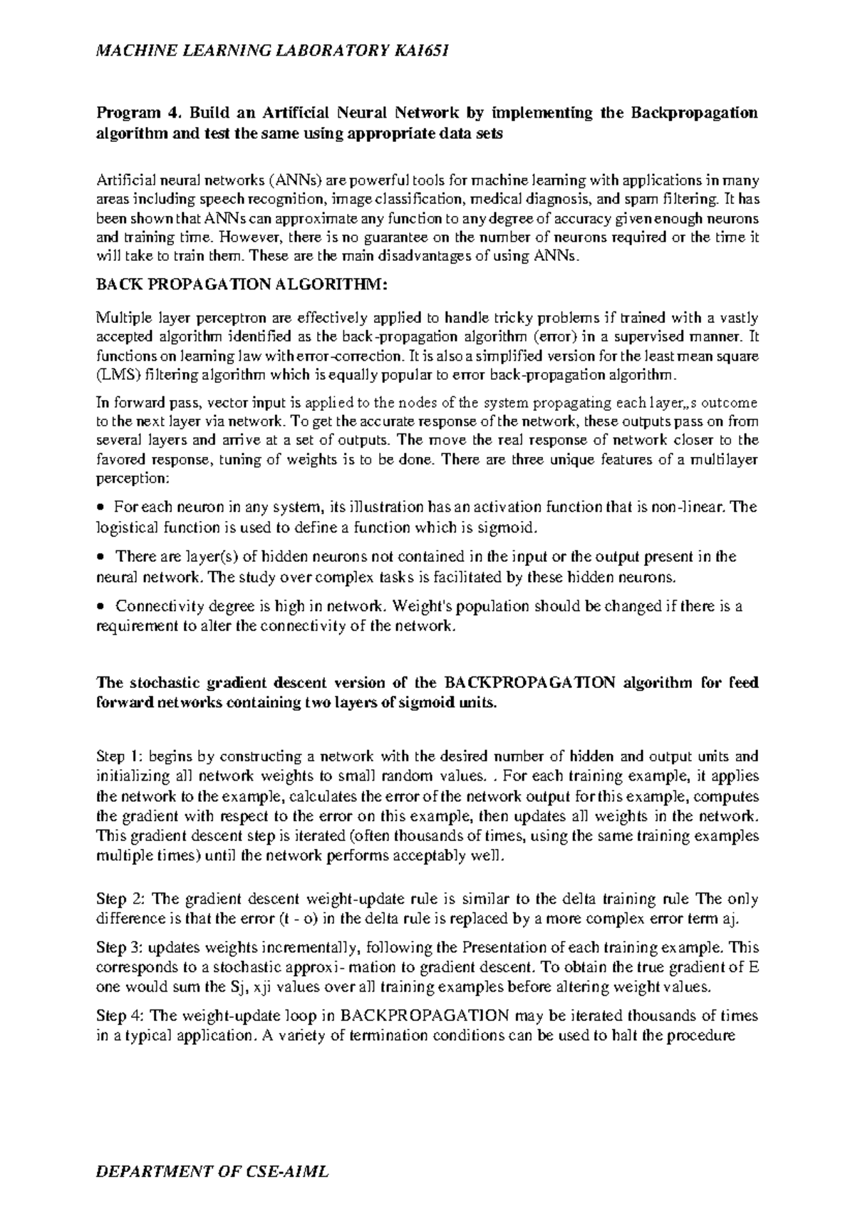 MLT KAI 651 Lab Manual final - Program 4. Build an Artificial Neural Network by implementing the ...