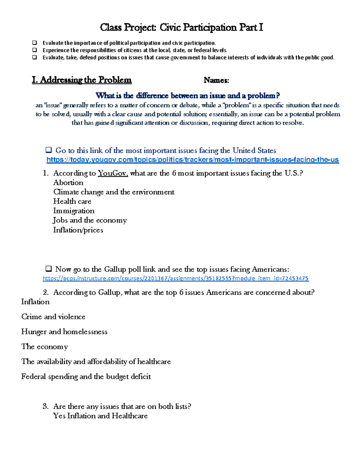 Class Project - Civic Participation student - Class Project: Civic ...